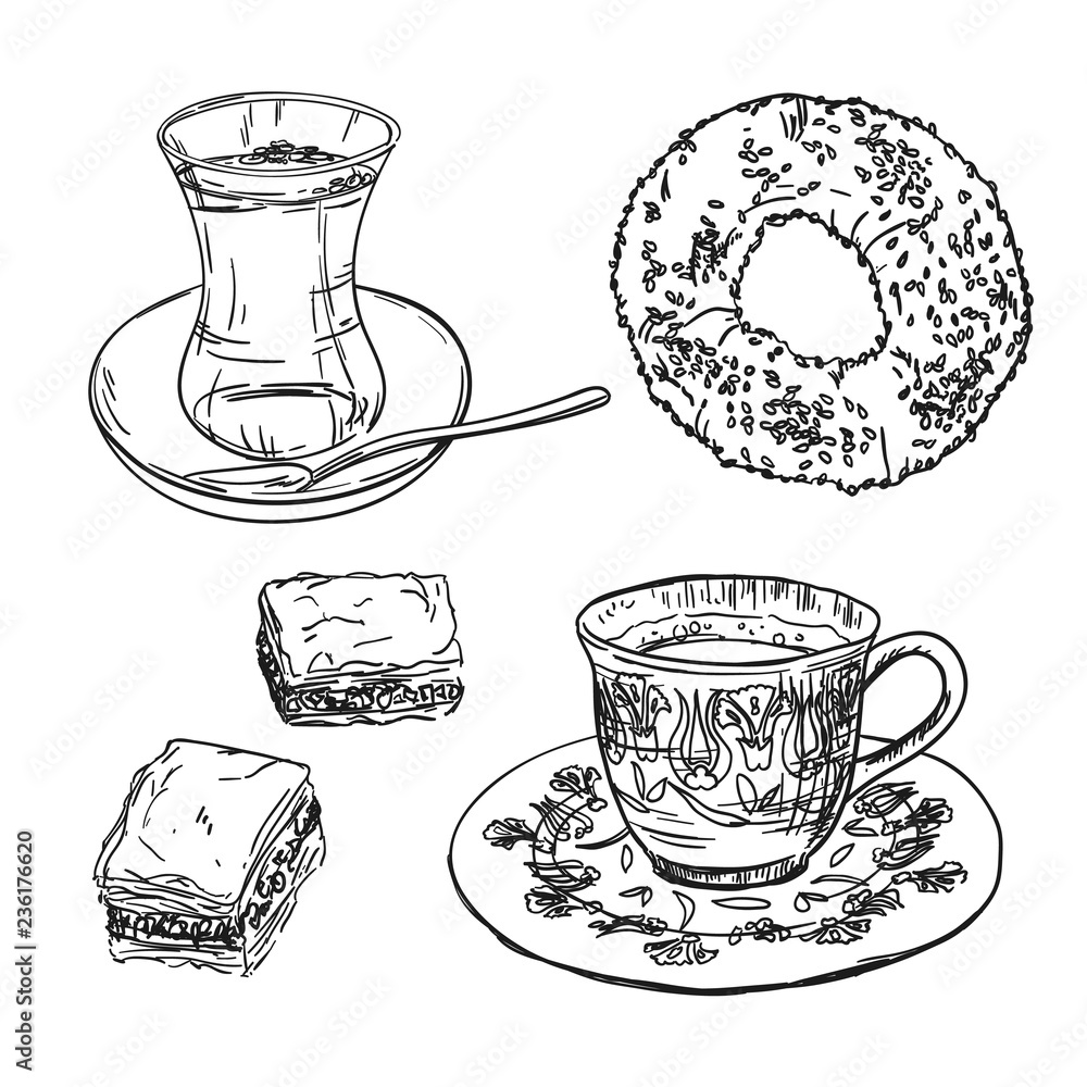 Vecteur Stock Drawing national turkish food with coffee, tea cup, simit ...