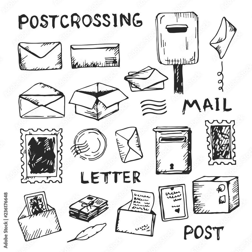 Drawing collection of postal objects and tools isolated on the white ...