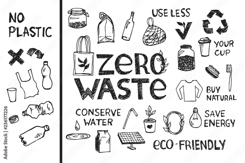 Drawing zero waste and ecological objects and elements. Eco friendly ...