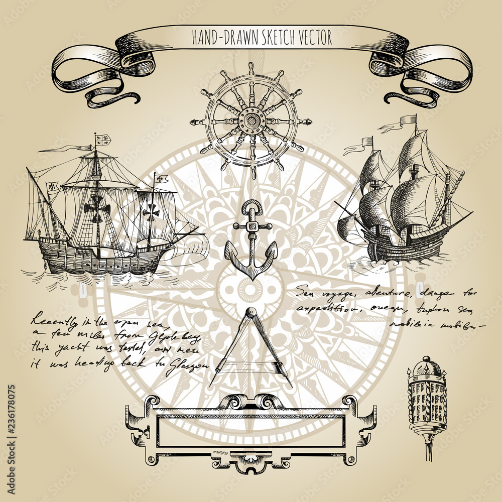 Set of decorative elements for the design of an old geographical map ...