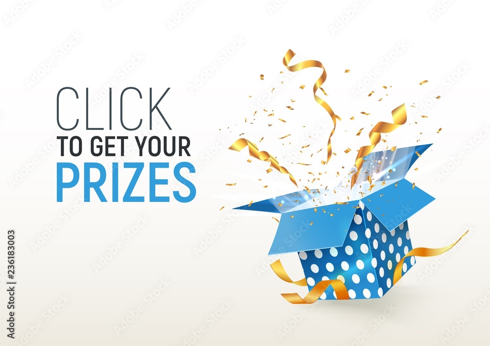 Open textured blue box with confetti explosion inside. Click to get ...