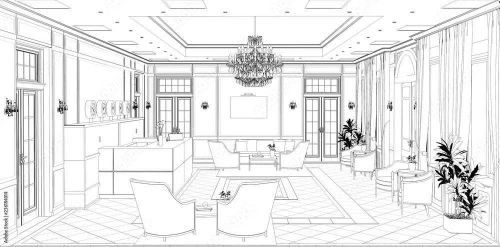 hall, hotel lobby, contour visualization, 3D illustration, sketch ...