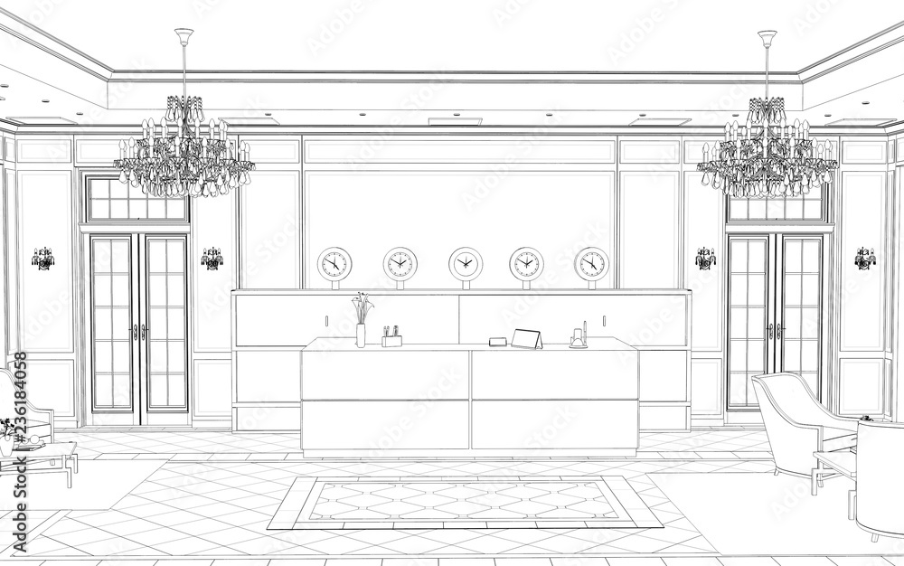 hall, hotel lobby, contour visualization, 3D illustration, sketch ...