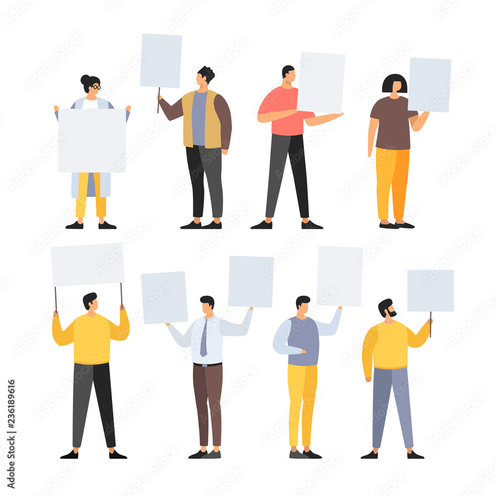 Group of activists are holding signs and postersin their hands ...