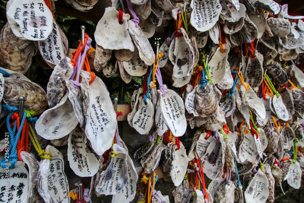 Oysters of fortune. Writen wishes on oyster shells (Ema) at Kakigara ...