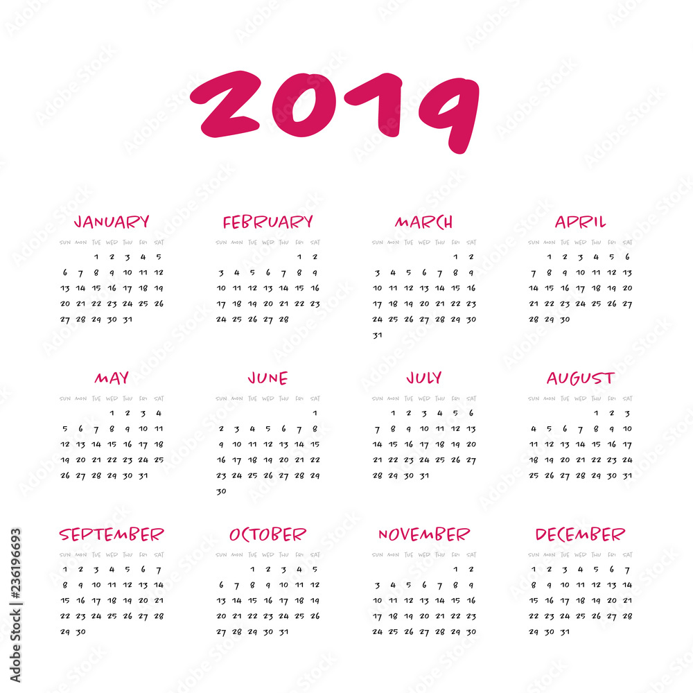 Vector calendar - Year 2019. Week starts from Sunday. Simple flat ...