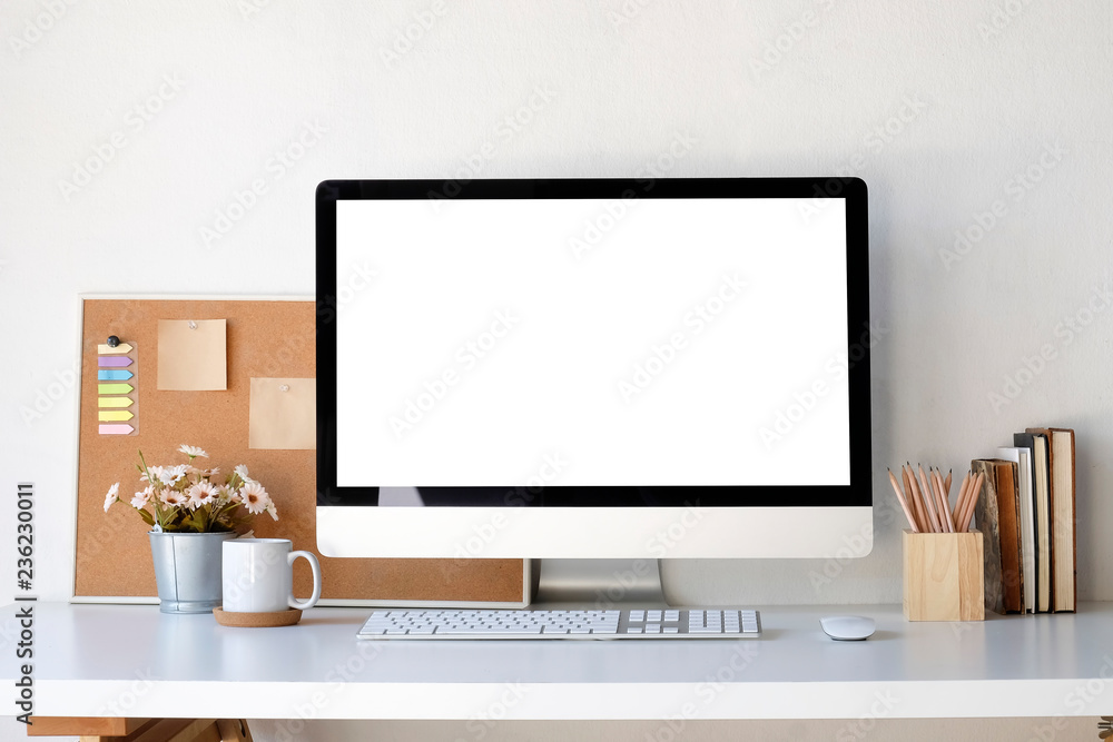 Workplace mockup concept. Mock up home decor desktop computer with ...