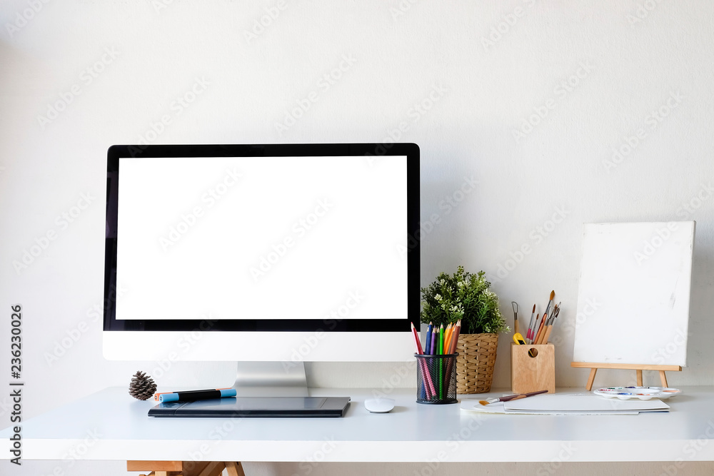 Workplace mockup concept. Mock up desktop computer with graphic ...