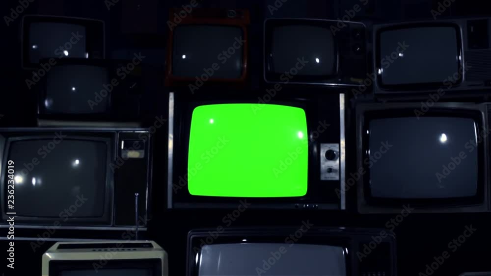 80s TV Green Screen with Old Tvs. Dolly In. Night Tone. You can replace ...