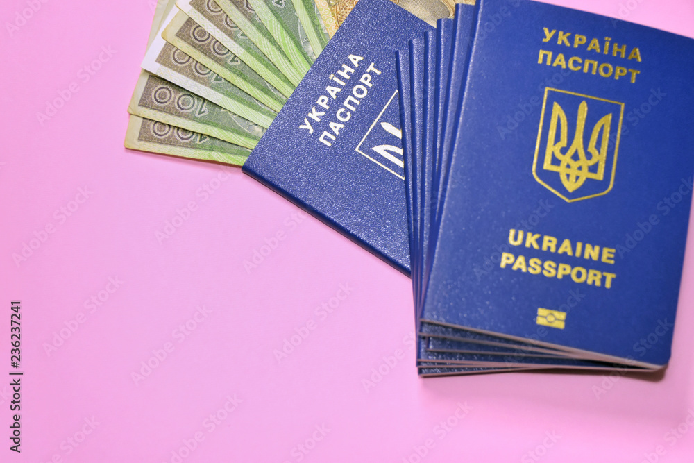 Ukraine passports with golden letters and trident emblem on violet ...