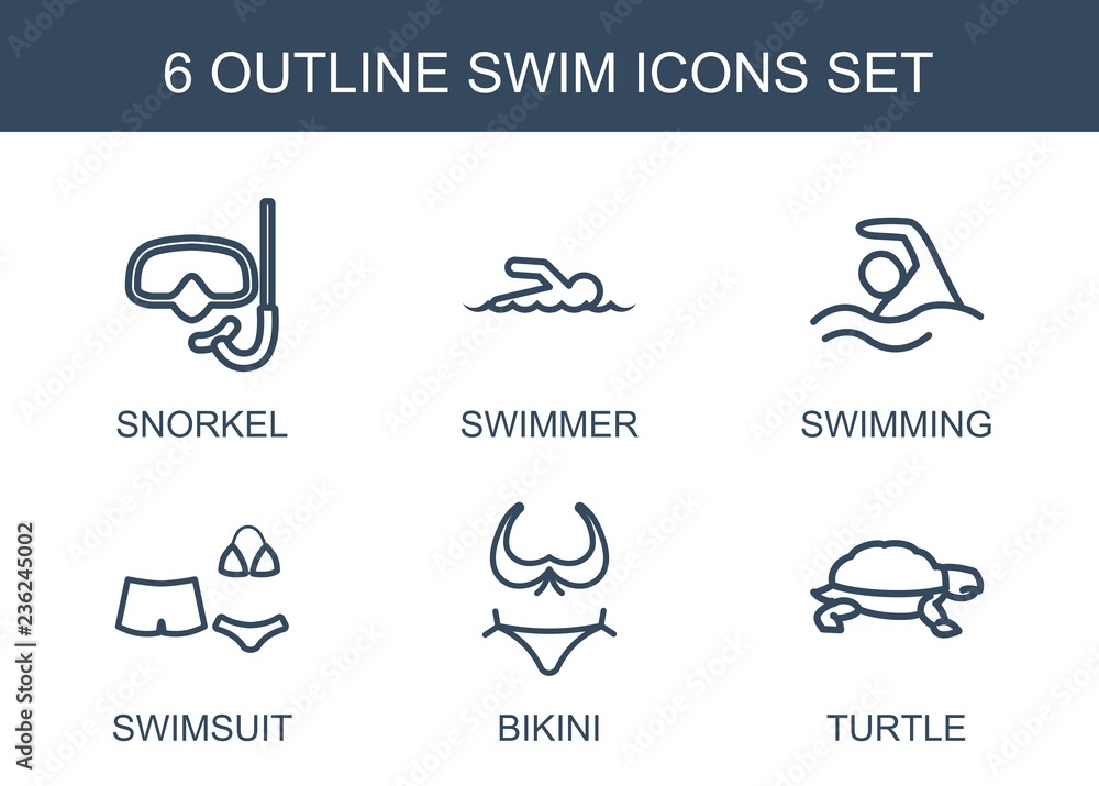 swim icons. Set of 6 outline swim icons included snorkel, swimmer ...