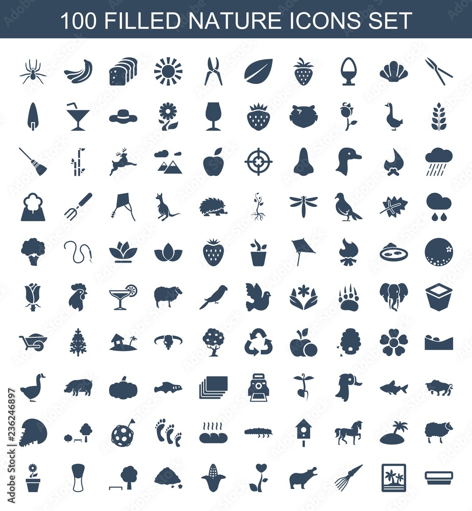 nature icons. Set of 100 filled nature icons included pot for plants ...