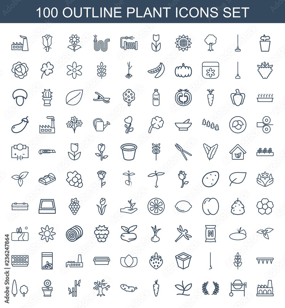 plant icons. Set of 100 outline plant icons included factory, concrete ...