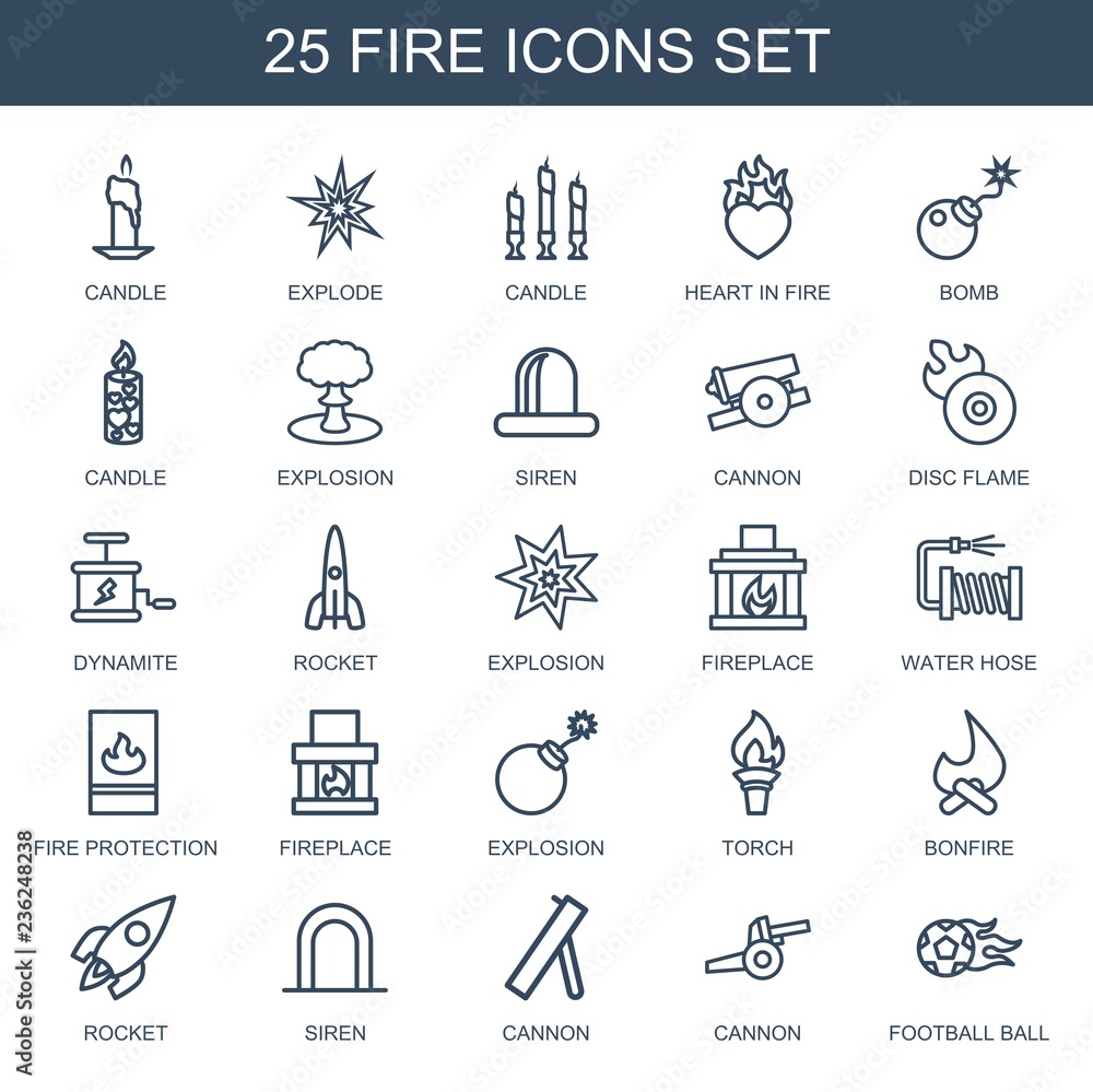 fire icons. Set of 25 outline fire icons included candle, explode ...
