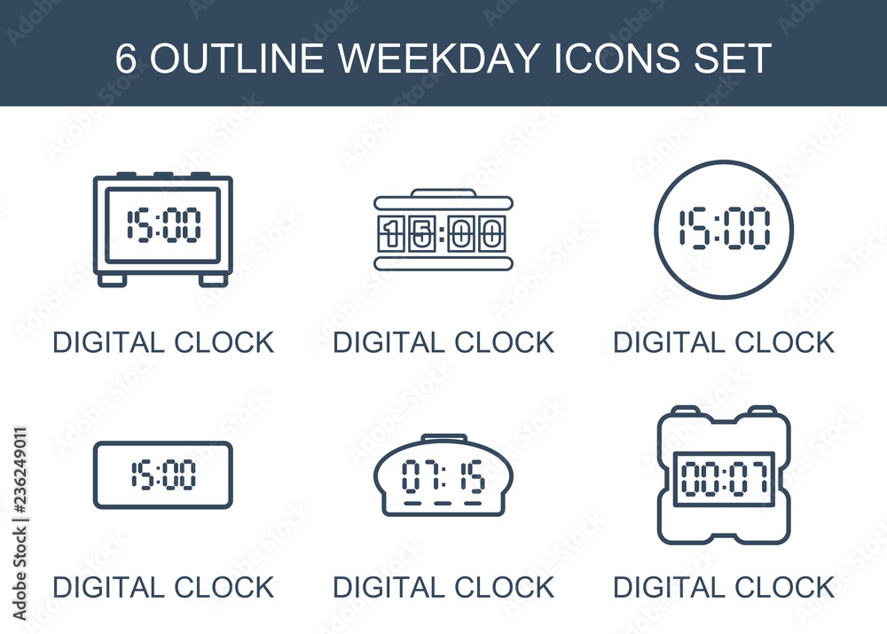 weekday icons. Set of 6 outline weekday icons included digital clock on ...