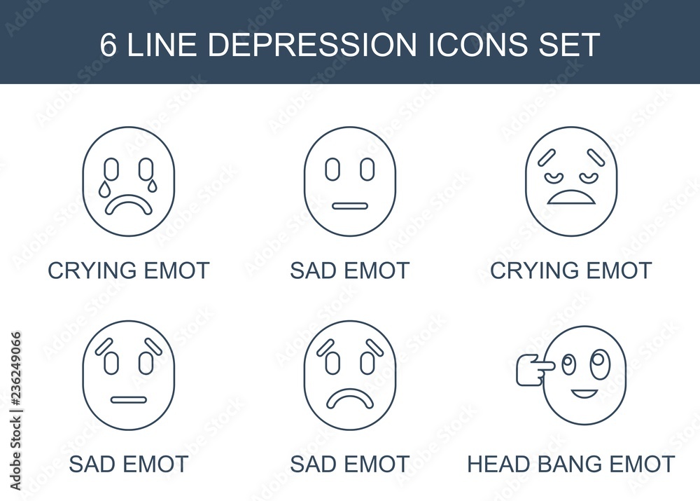 depression icons. Set of 6 line depression icons included crying emot ...