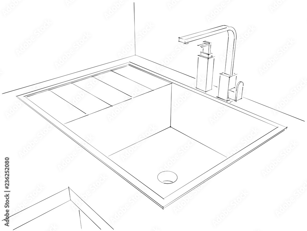 Kitchen sink, tap and liquid soap bottle. Sketch drawing. Stock ...