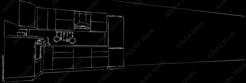 Outline sketch 3d illustration of modern L-shape corner kitchen ...