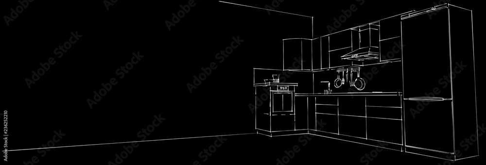 Contour sketch drawing of contemporary L-shape corner kitchen interior ...
