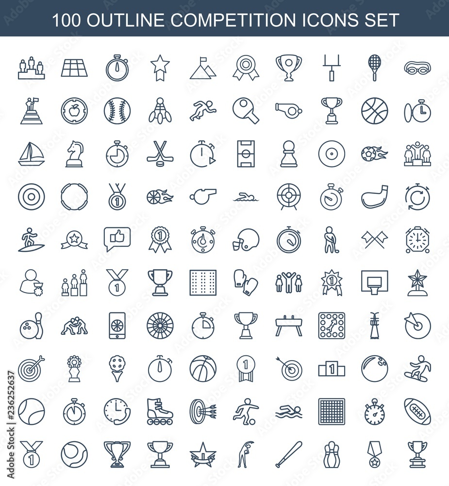 competition icons. Set of 100 outline competition icons included trophy ...