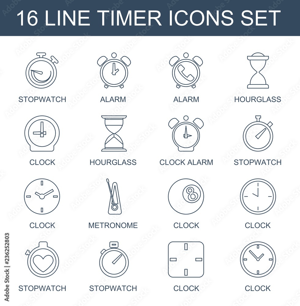 timer icons. Set of 16 line timer icons included stopwatch, alarm ...