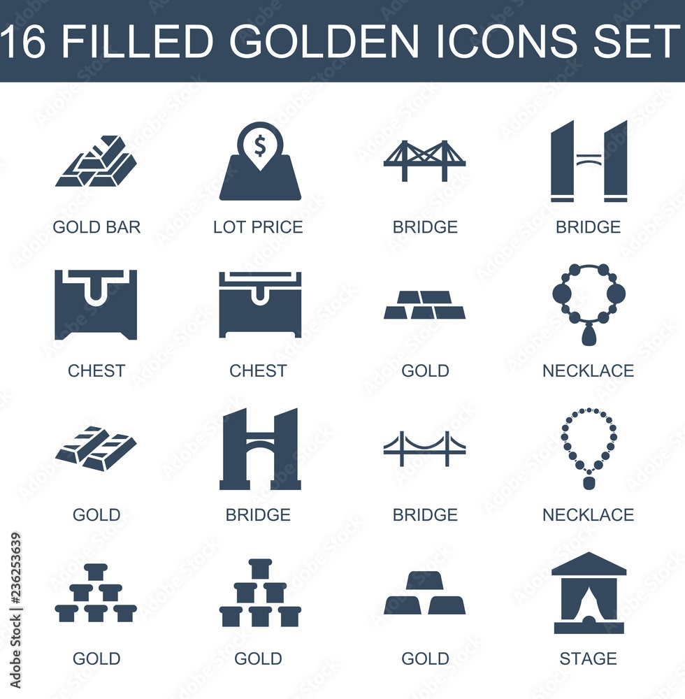 golden icons. Set of 16 filled golden icons included gold bar, lot ...