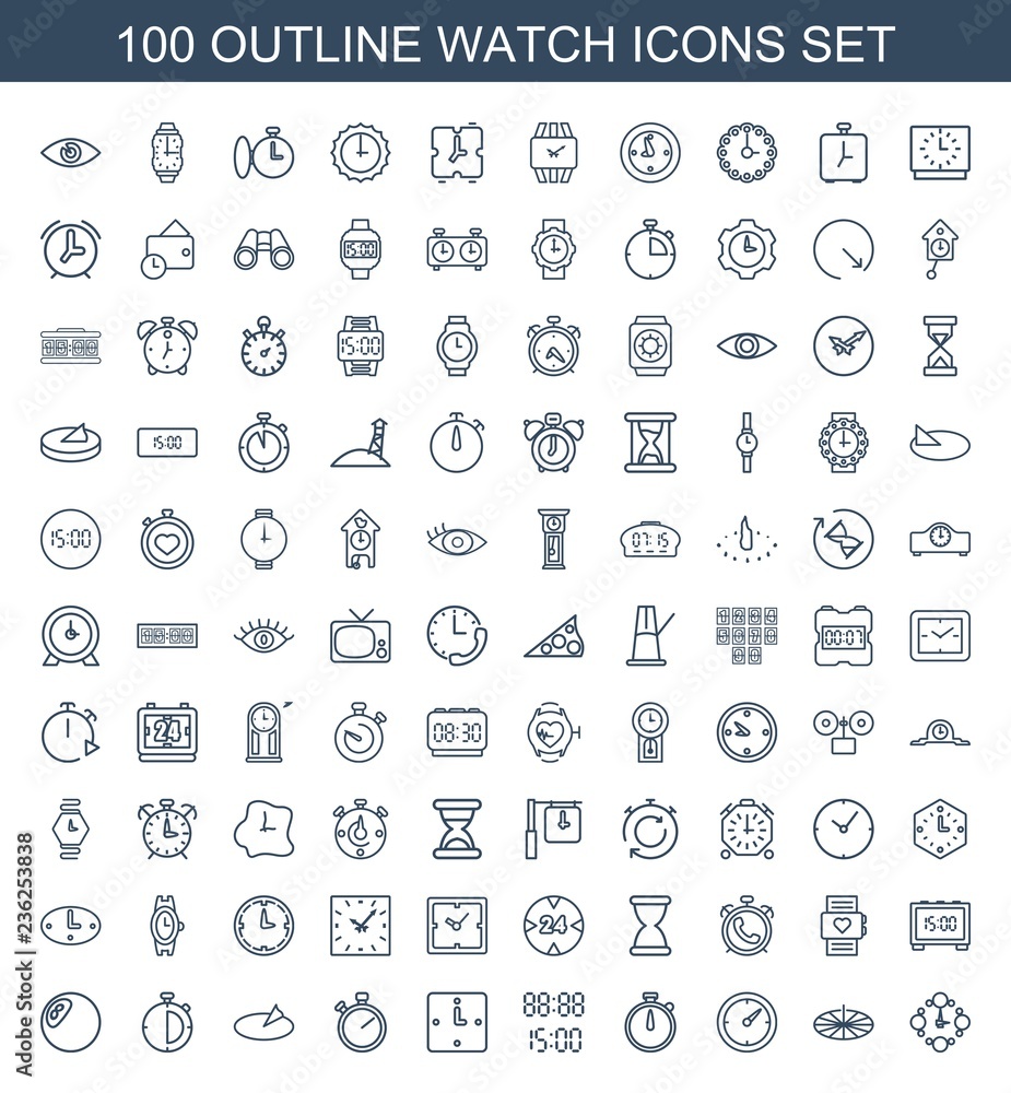 watch icons. Set of 100 outline watch icons included wall clock ...