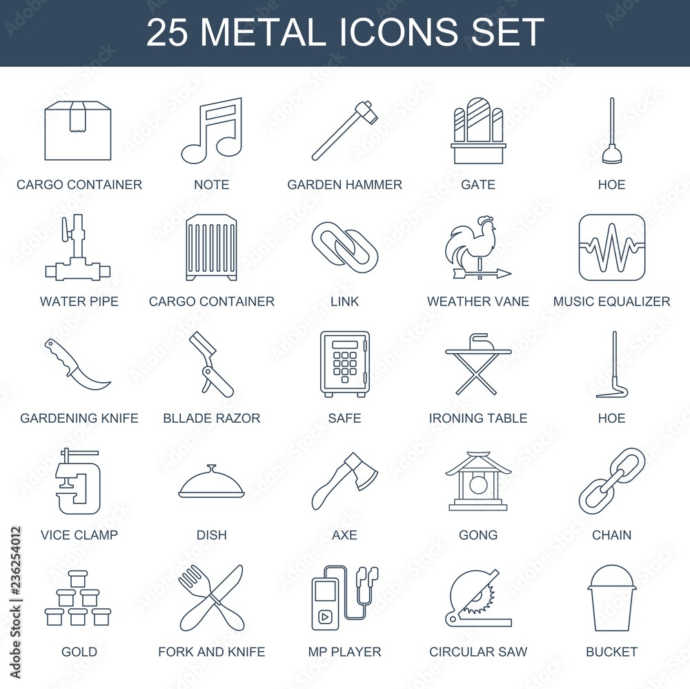 Vecteur Stock metal icons. Set of 25 line metal icons included cargo ...