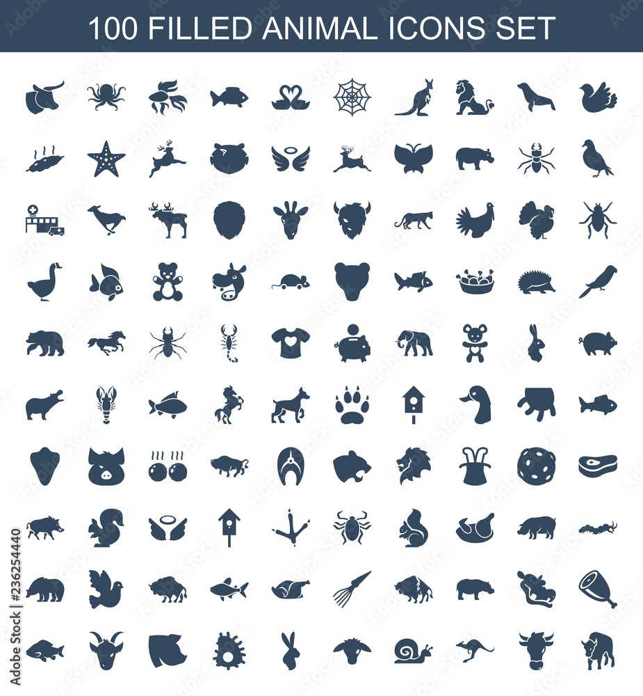 animal icons. Set of 100 filled animal icons included buffalo, cow ...
