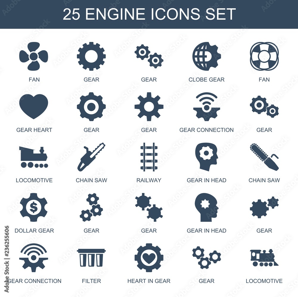 engine icons. Set of 25 filled engine icons included fan, gear, clobe ...