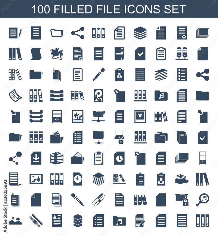 Vecteur Stock file icons. Set of 100 filled file icons included binder, document, music folder ...
