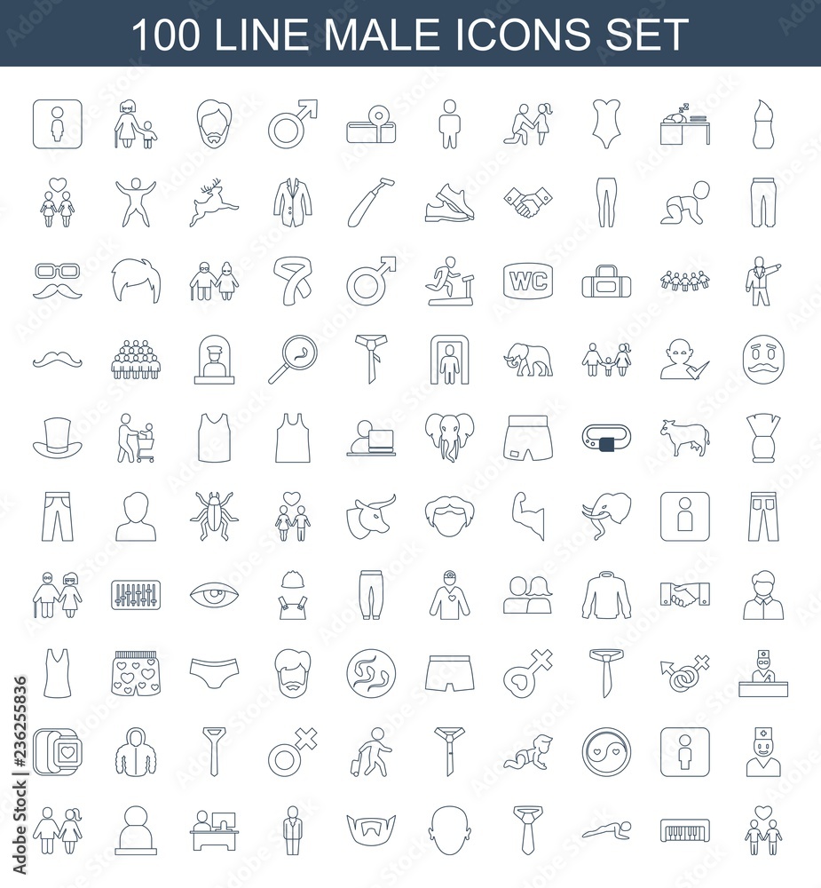 male icons. Set of 100 line male icons included gay couple, piano toy ...