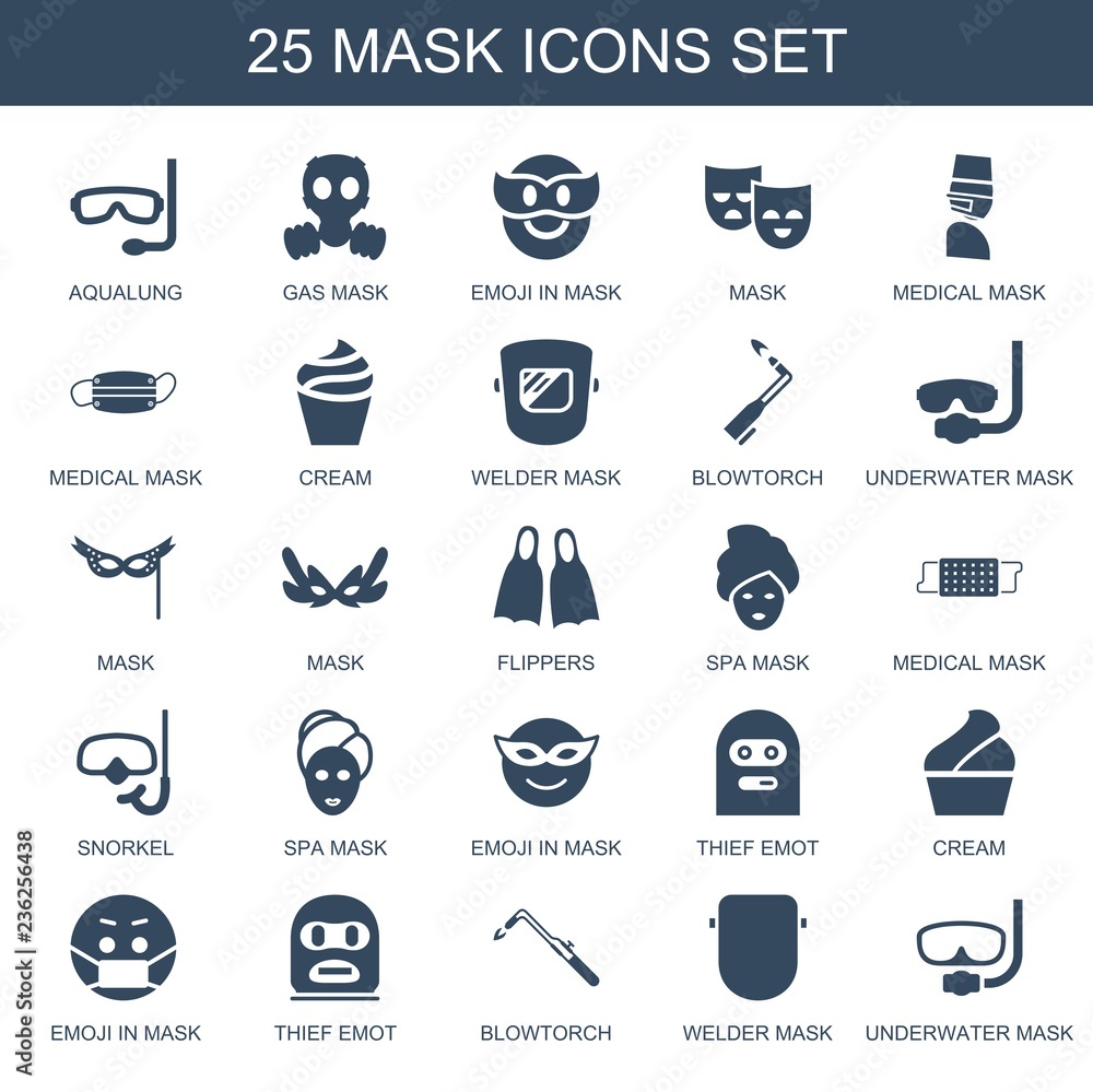 mask icons. Set of 25 filled mask icons included aqualung, gas mask ...