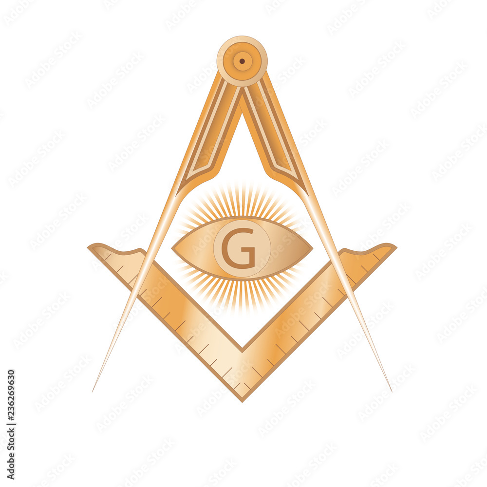 Copper masonic square and compass symbol, with G letter in an eye on ...