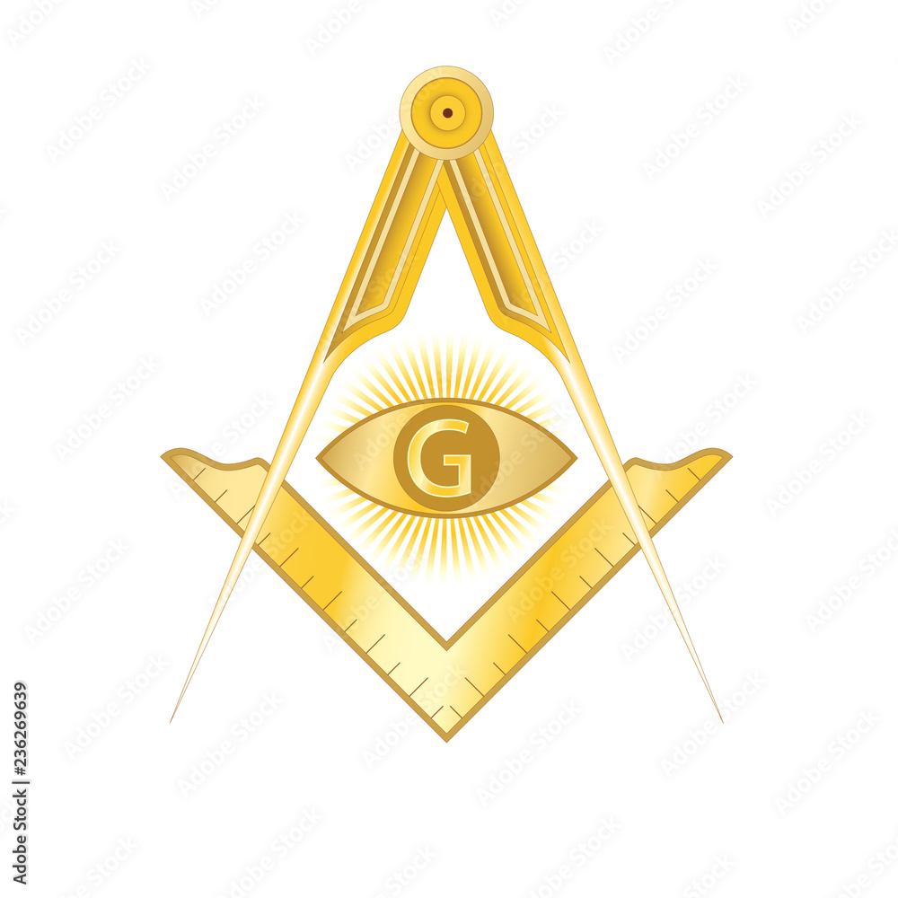 Golden masonic square and compass symbol, with G letter in an eye on ...