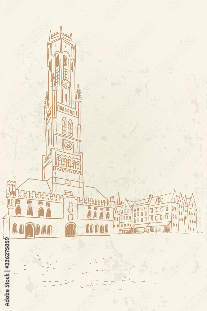 Vector sketch of Belfort van Brugge - famouse 12th-century belfry ...