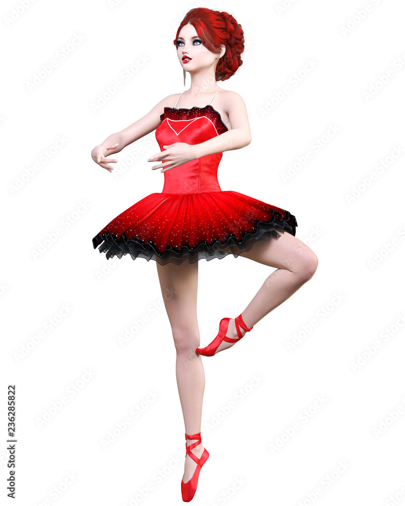 Dancing ballerina.Red ballet tutu.Redhead girl with blue eyes.Ballet ...