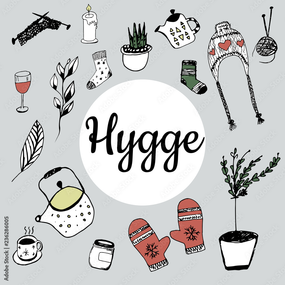 Hand drawn pattern with hygge elements. Time to Hygge. Winter objects ...
