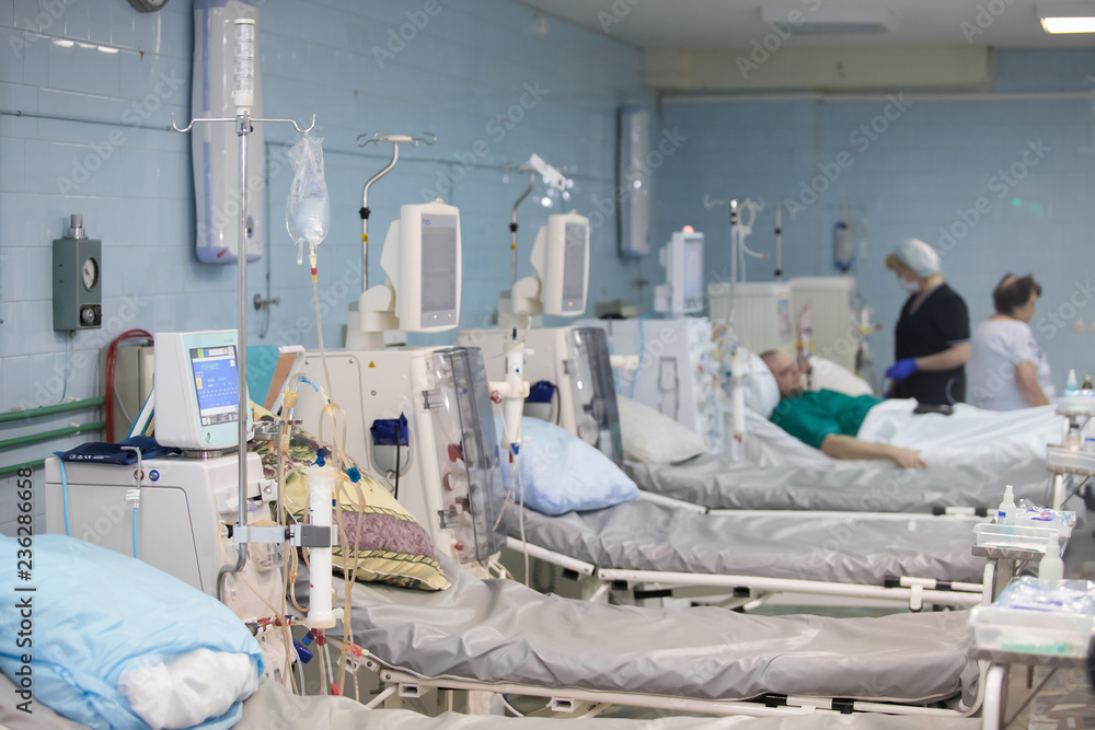Used blood system after blood transfusion in the ICU room. Stock Photo ...