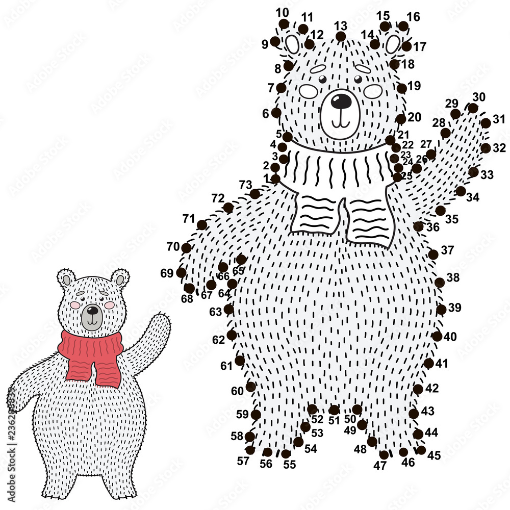 Connect the dots and draw a cute polar bear. Numbers game for children ...