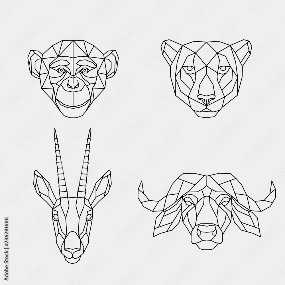 Set of abstract polygonal animals of Africa. Linear geometric monkey ...