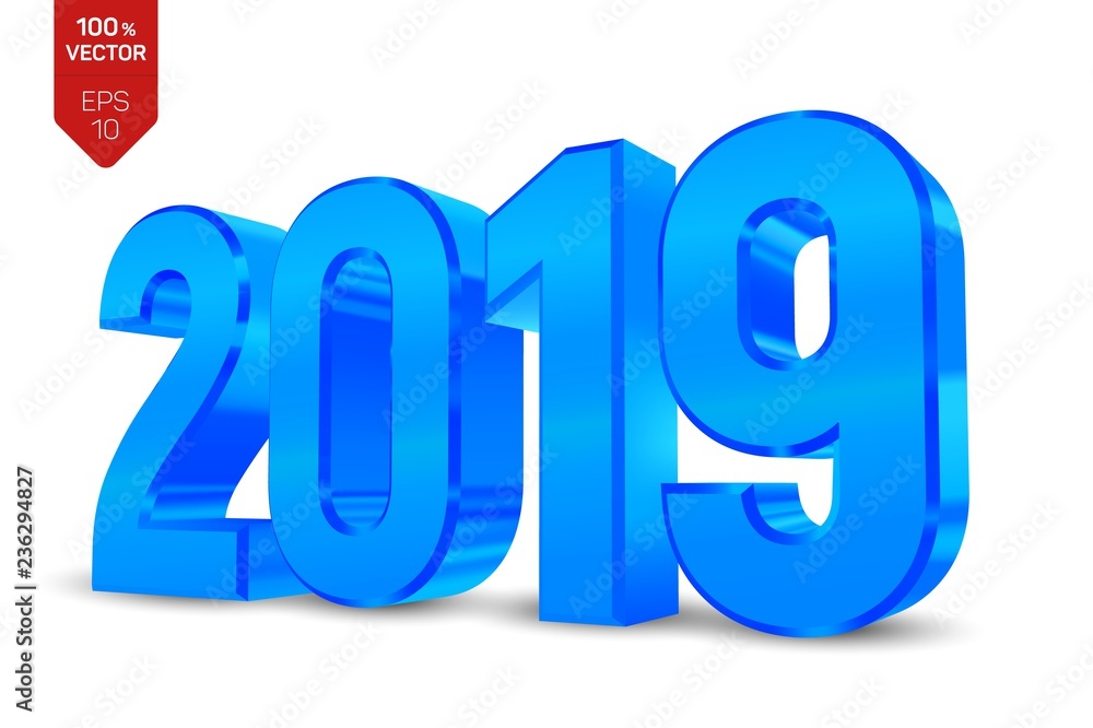 2019 blue metallic shiny numbers isolated on white background. 3D ...