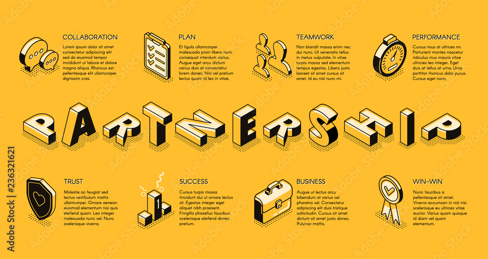 Business partnership line art, isometric vector banner. Corporate ...