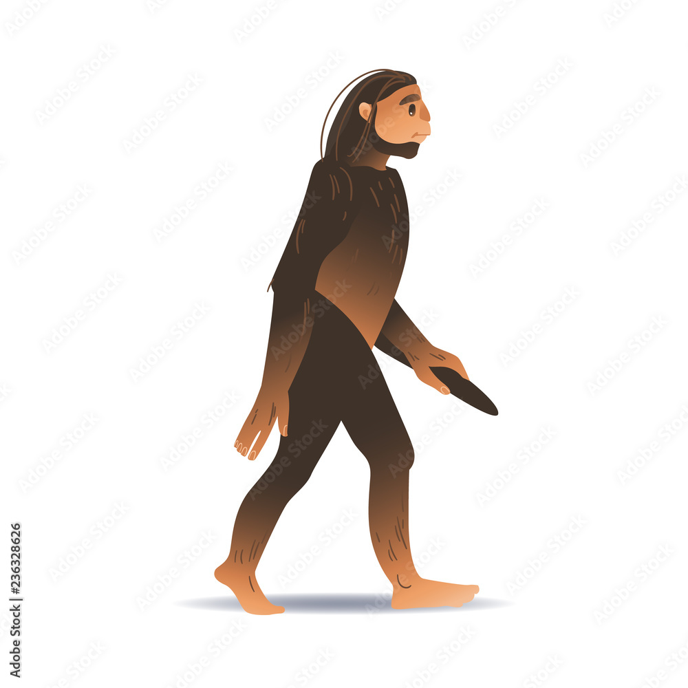 Vector cartoon neanderthal ape-like caveman with thick hair walking ...