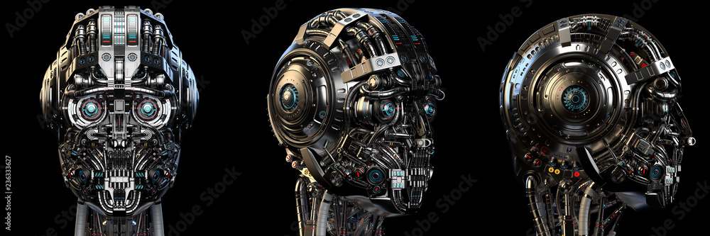 Robot head or very detailed cyborg face. Set of three different angles ...