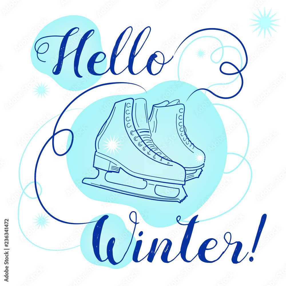 Hello winter text. Brush lettering at white background with figure ...