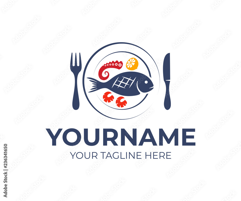 Vetor de Seafood restaurant, fork, knife and plate with fish, octopus ...