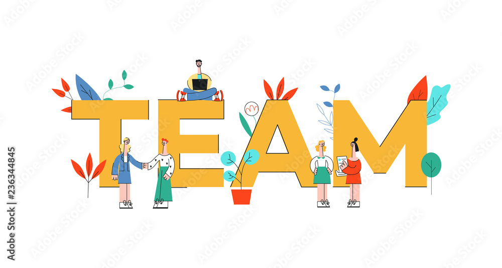 Vector illustration of Team text design with business people working ...