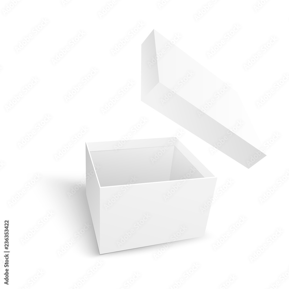 Empty open white paper box with flying cover in realistic 3d style ...