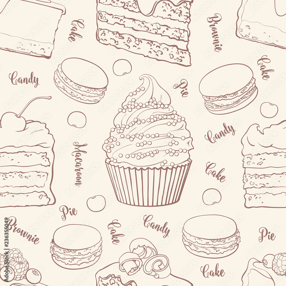Cakes and cookies seamless pattern in outline sketch style - beautiful ...